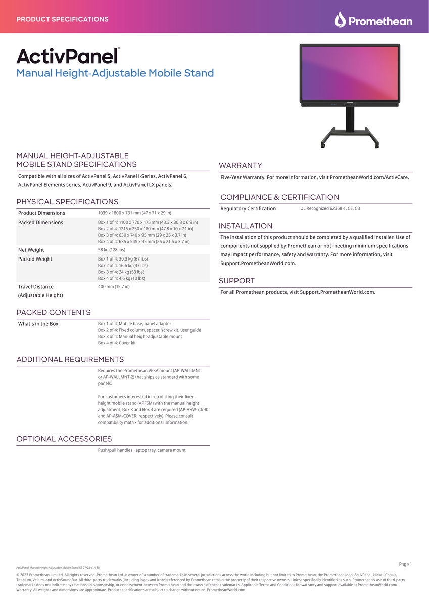 ActivPanel Mobile Stand | Adjustable Height Conen Stand – New York ...