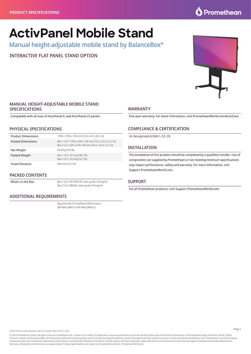 ActivPanel Mobile Stand | Adjustable Height Thomas Regout Stand – New ...
