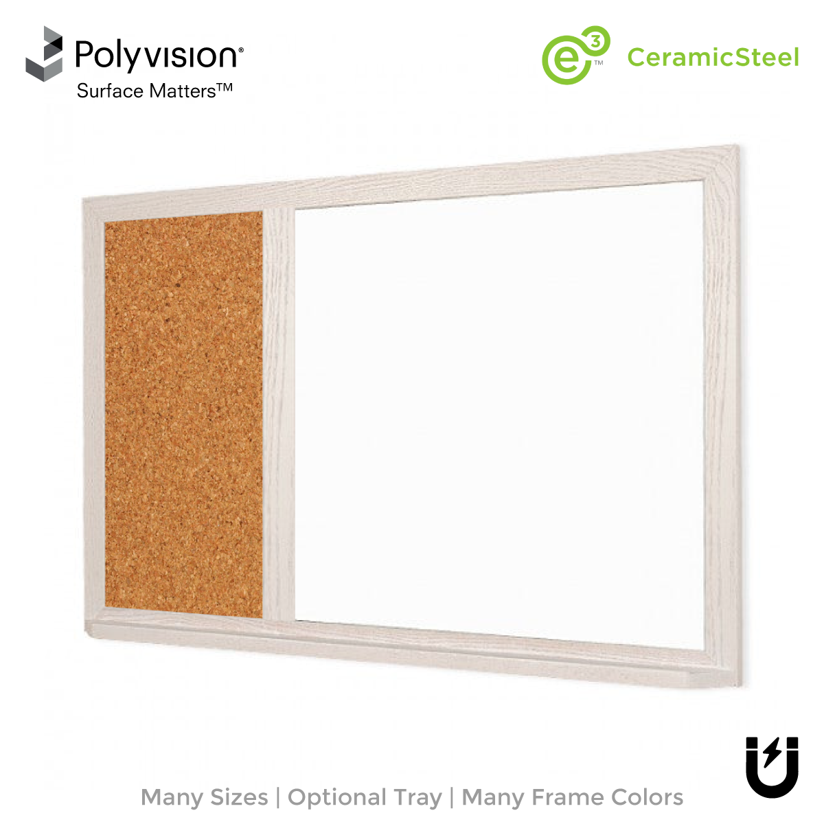 Wood Frame | Landscape Ceramic Steel Whiteboard & Natural Cork 2/3 ...